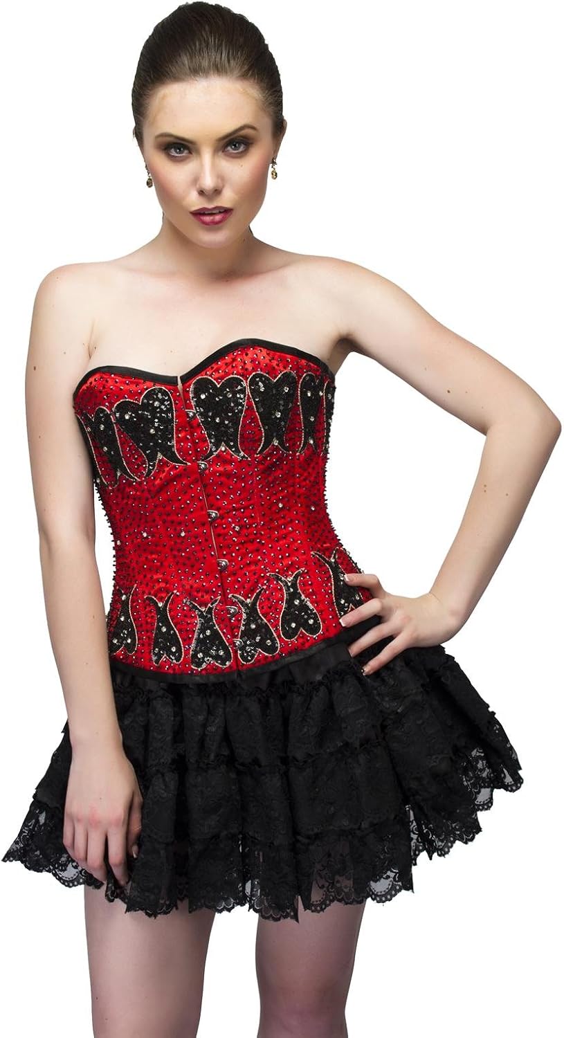 Amazon.com: Red Satin Black Sequins Gothic Burlesque Basque Overbust ...