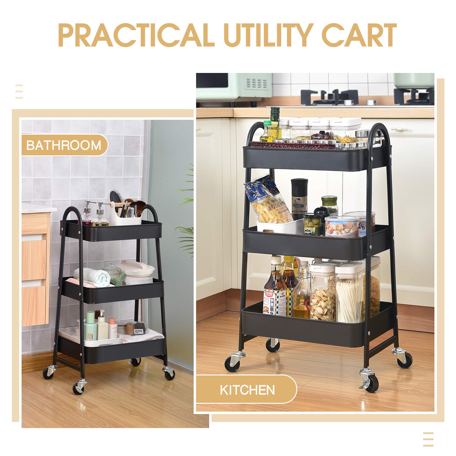 Snapklik.com : KINGRACK 3-Tier Metal Rolling Cart, Multi-Functional ...