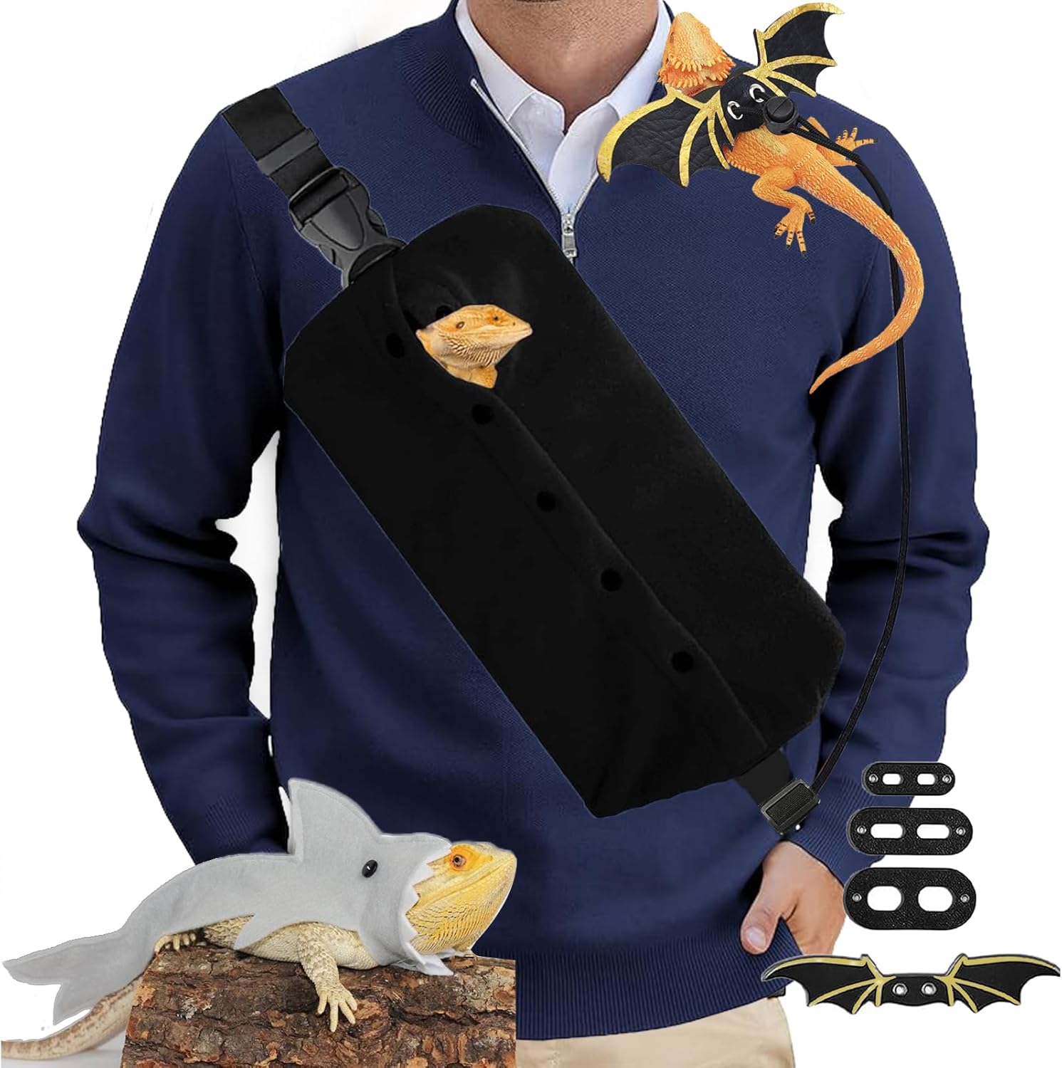 Black Bearded Dragon Carrier Set - Reptile Kit With Leash, Harness Vest ...