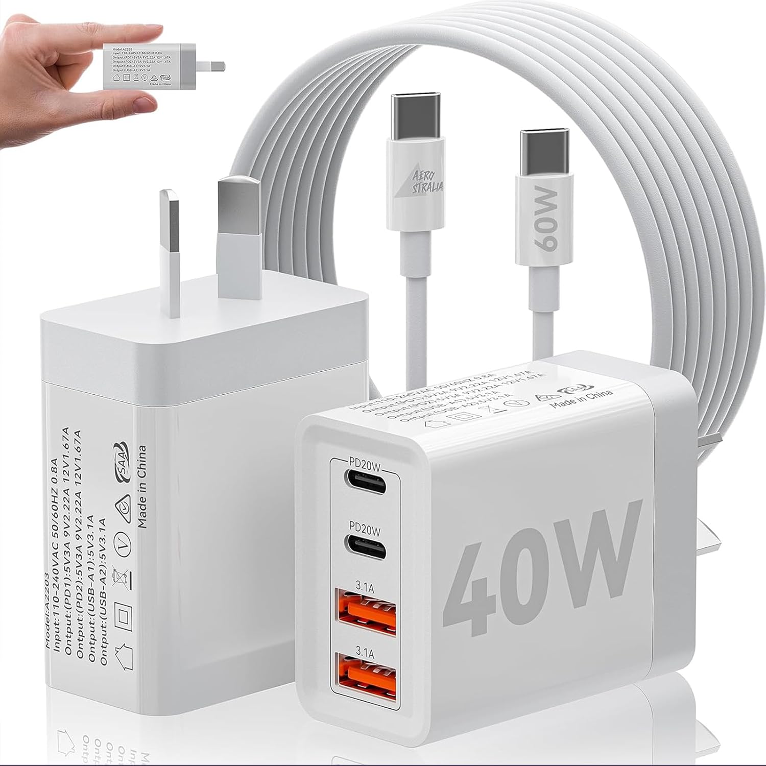 USB C Fast Charger, 40W Dual USB-C Wall Charger, 4-Port 20W USB C Power ...