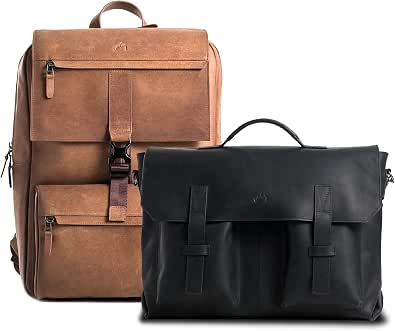 Amazon.com: VELEZ Brown Top Grain Leather Backpack + Black Messenger ...