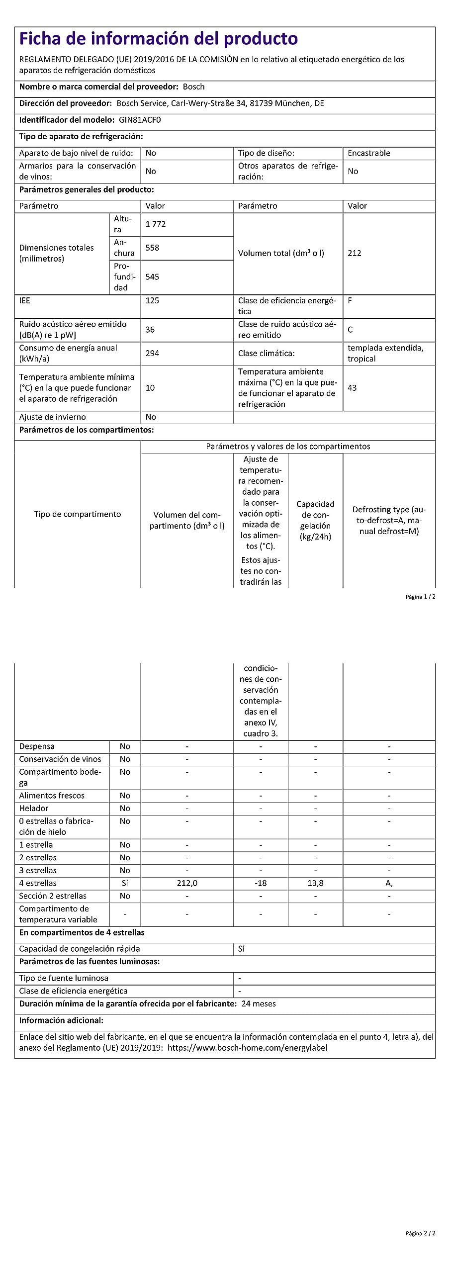 Bosch KIF81PFE0 Serie 8 - Nevera empotrada (nicho, 177,5 x 56 cm, 289 L ...