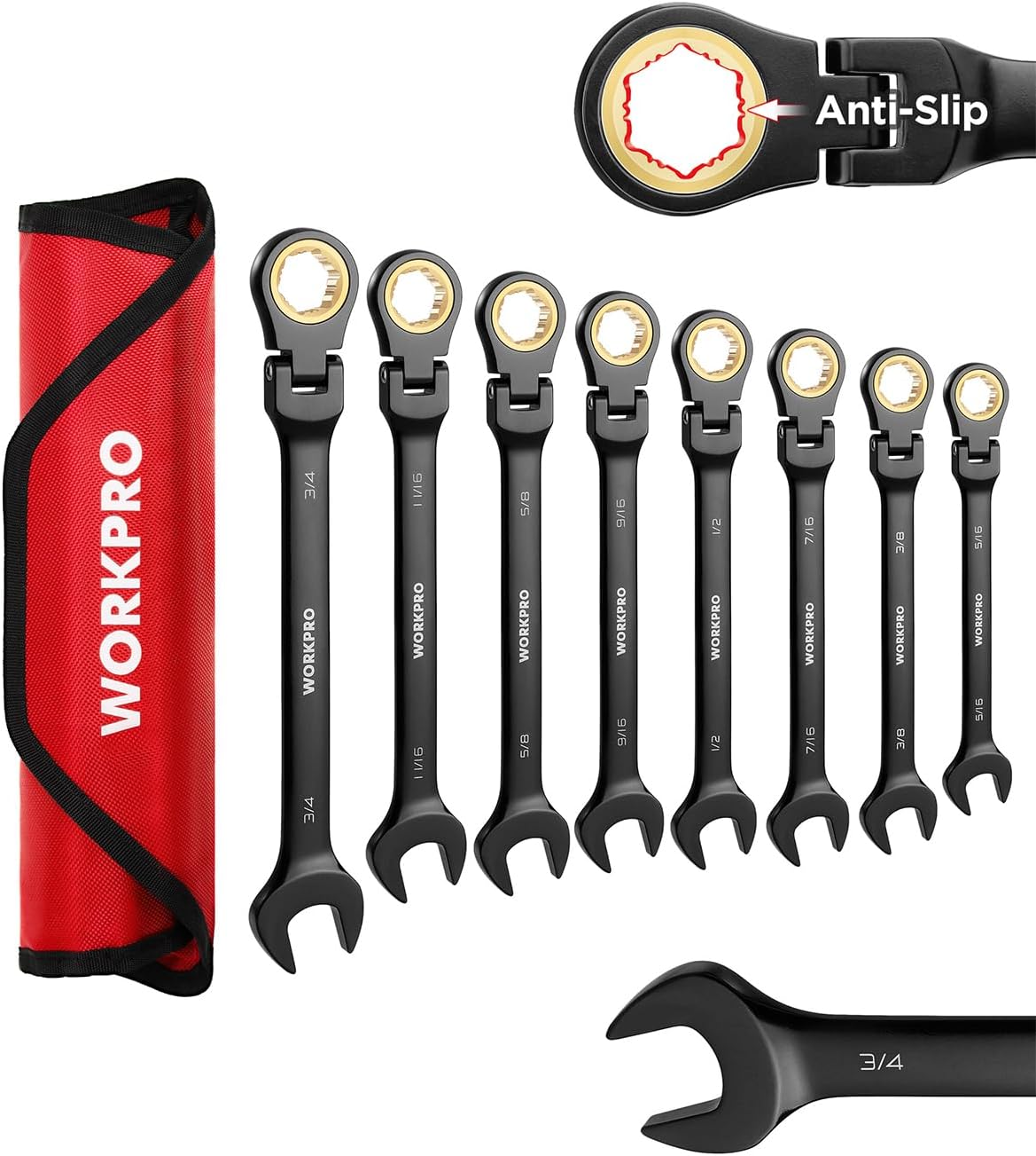 WORKPRO Ratcheting Combination Wrench Set, 8-Piece Flex-Head Anti-Slip ...