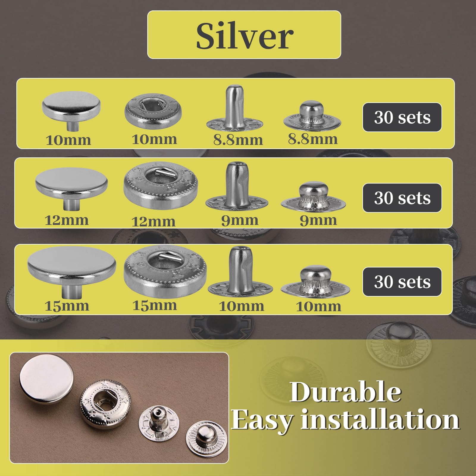 Snapklik.com : TLKKUE 90 Sets Leather Snap Fasteners Kit, 3 Sizes(10/12 ...