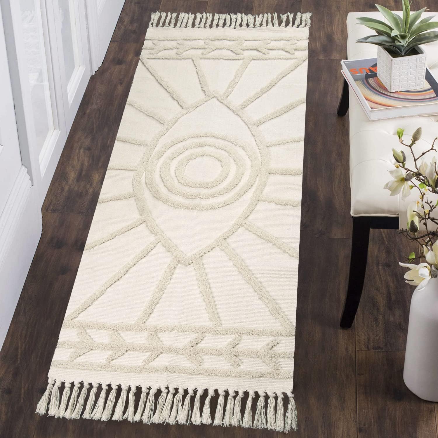 Amazon.com: Uphome Boho Runner Rug 2'x5' Beige Evil Eye Tufted Kitchen ...