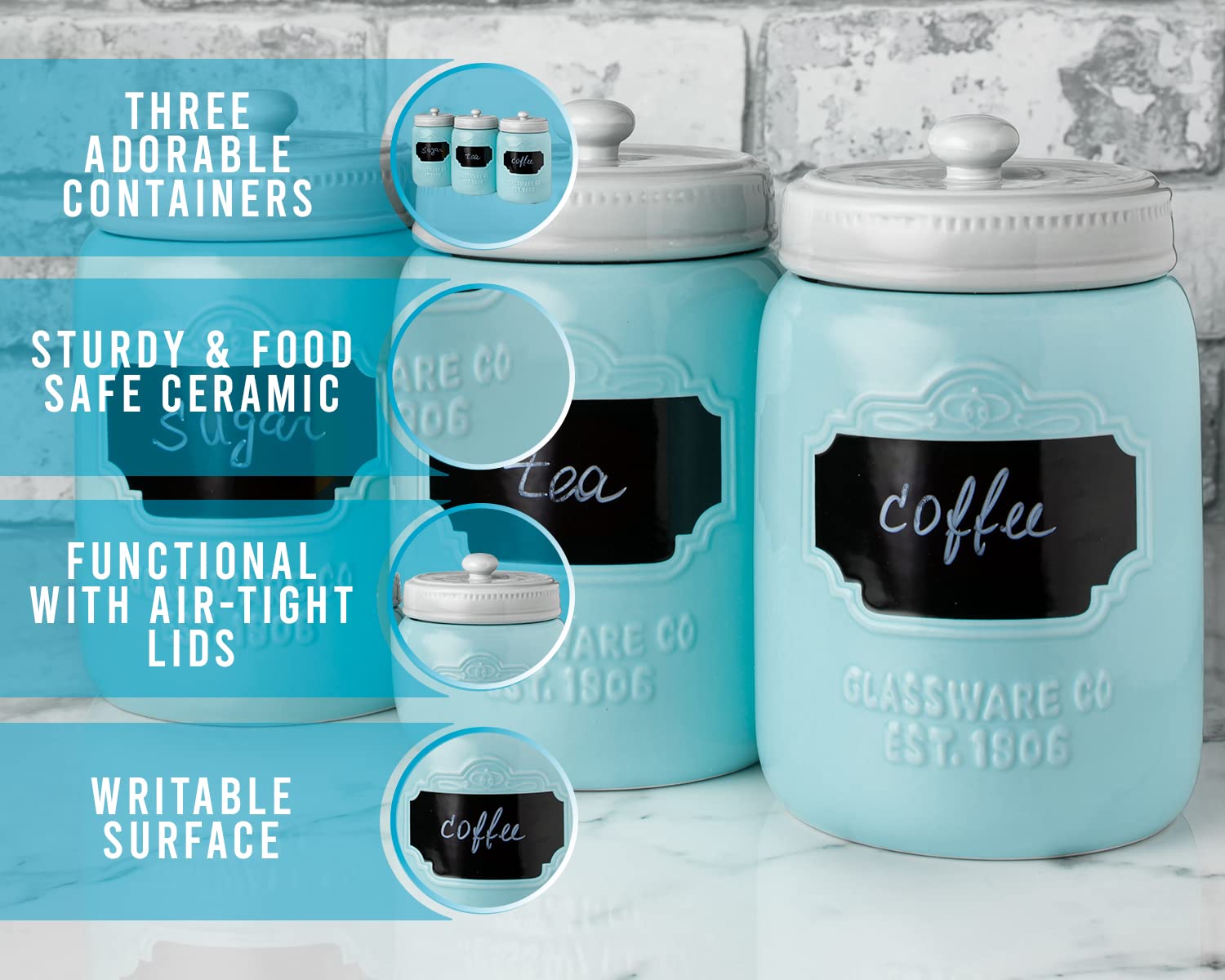 Mason Jar Ceramic Canister Set for Kitchen - Set of 3 Decorative ...