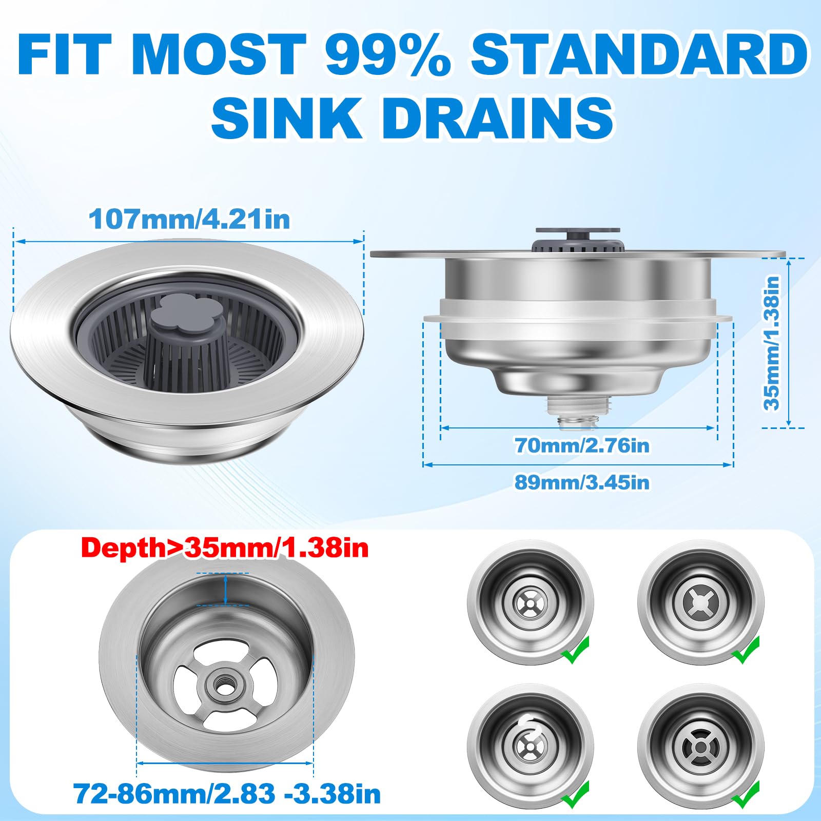 Snapklik.com : Universal 3 In 1 Kitchen Sink Drain Strainer Kit, SUS304 ...
