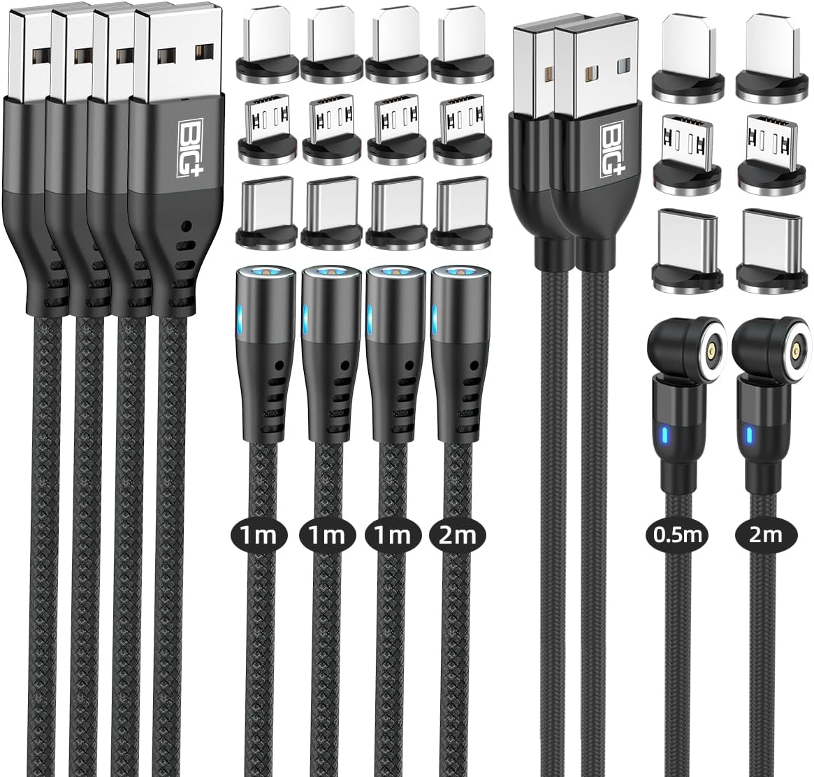 Magnetic Charging Cable 4 Pack- (6.6ft/6.6ft/3.3ft/3.3ft) 360° 3-in-1 ...