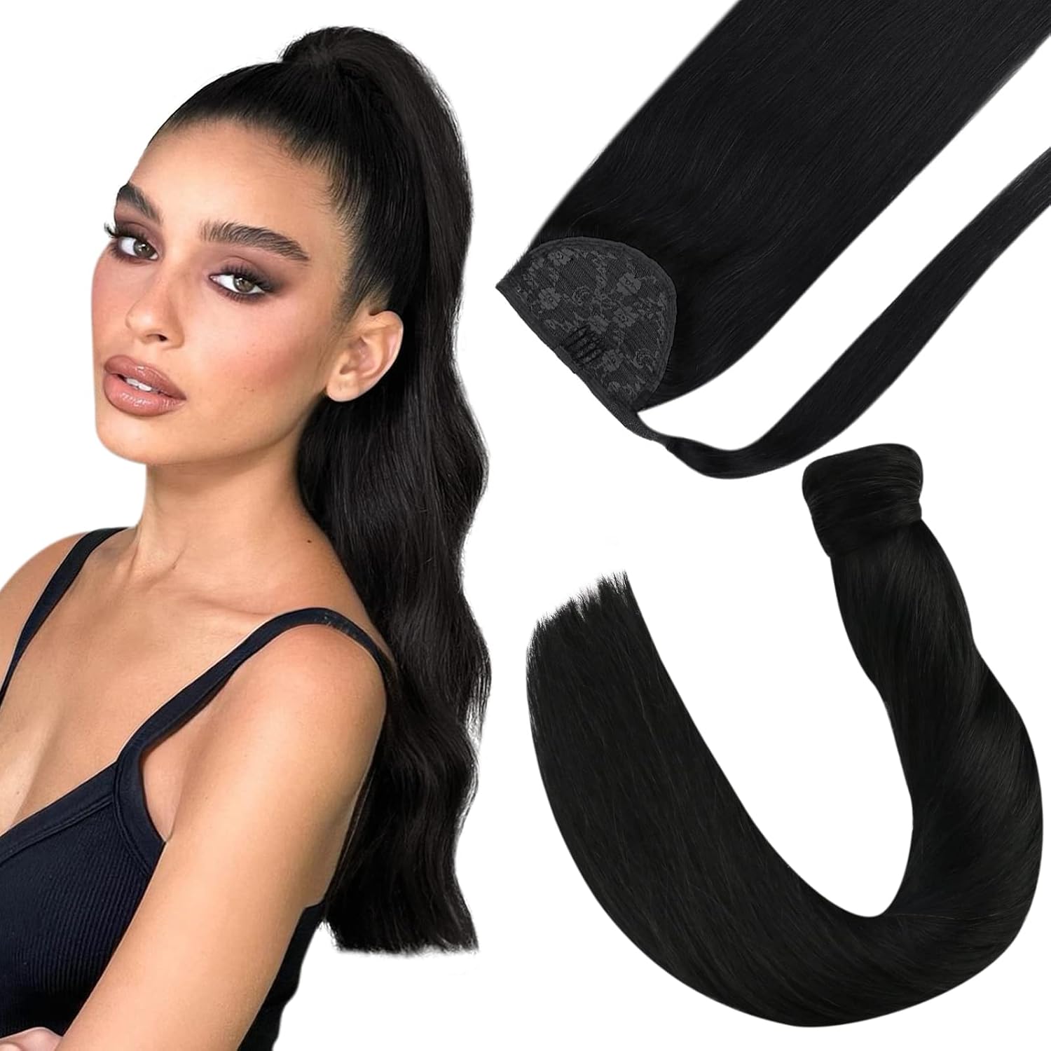 Amazon.com : Sunny Ponytail Extension Human Hair Jet Black Clip in Wrap ...