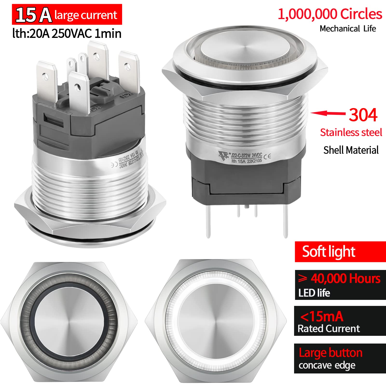 Snapklik.com : 22mm Push Button Switch 15A 24V Latching 2NO DPST Angel ...
