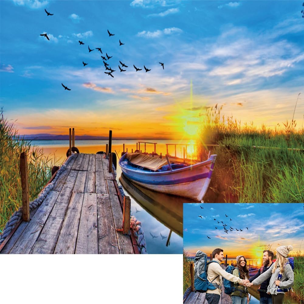 Amazon.com : DASHAN Summer Riverside Backdrop Berthed Boat Lake Wharf ...