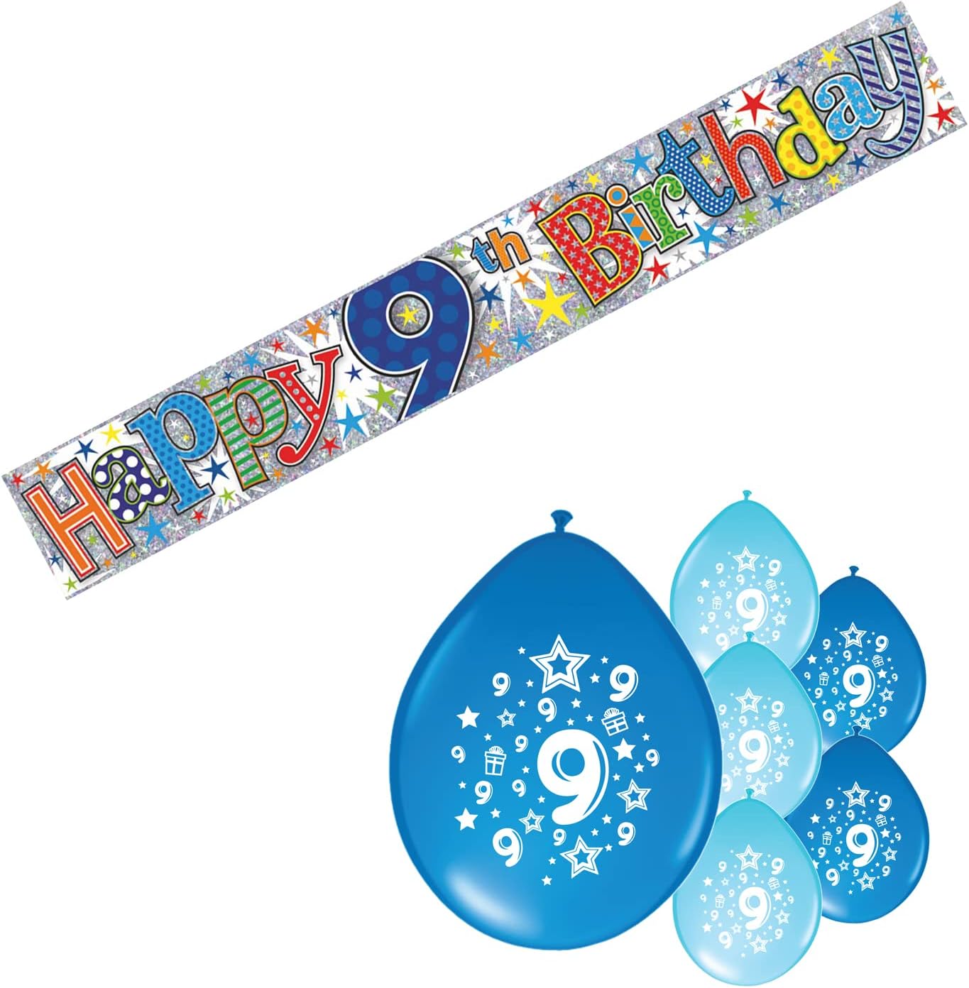 9th Birthday Boy Blue Balloons Multi Colour Banner Party Pack / Age 9 ...