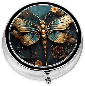 Amazon.com: Gold Color Delicate Dragonfly Flower Mini Round Pill Box ...