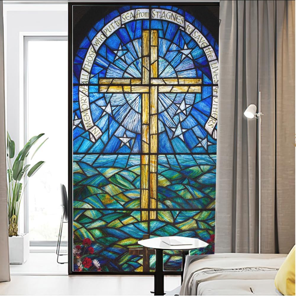 Privacy Window Film Cross Church Stained Glass Static Cling Window ...
