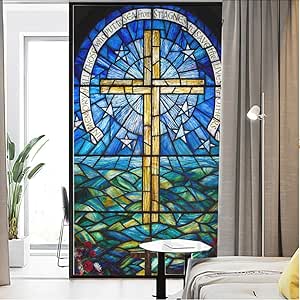Amazon.com: Privacy Window Film Cross Church Stained Glass Static Cling ...