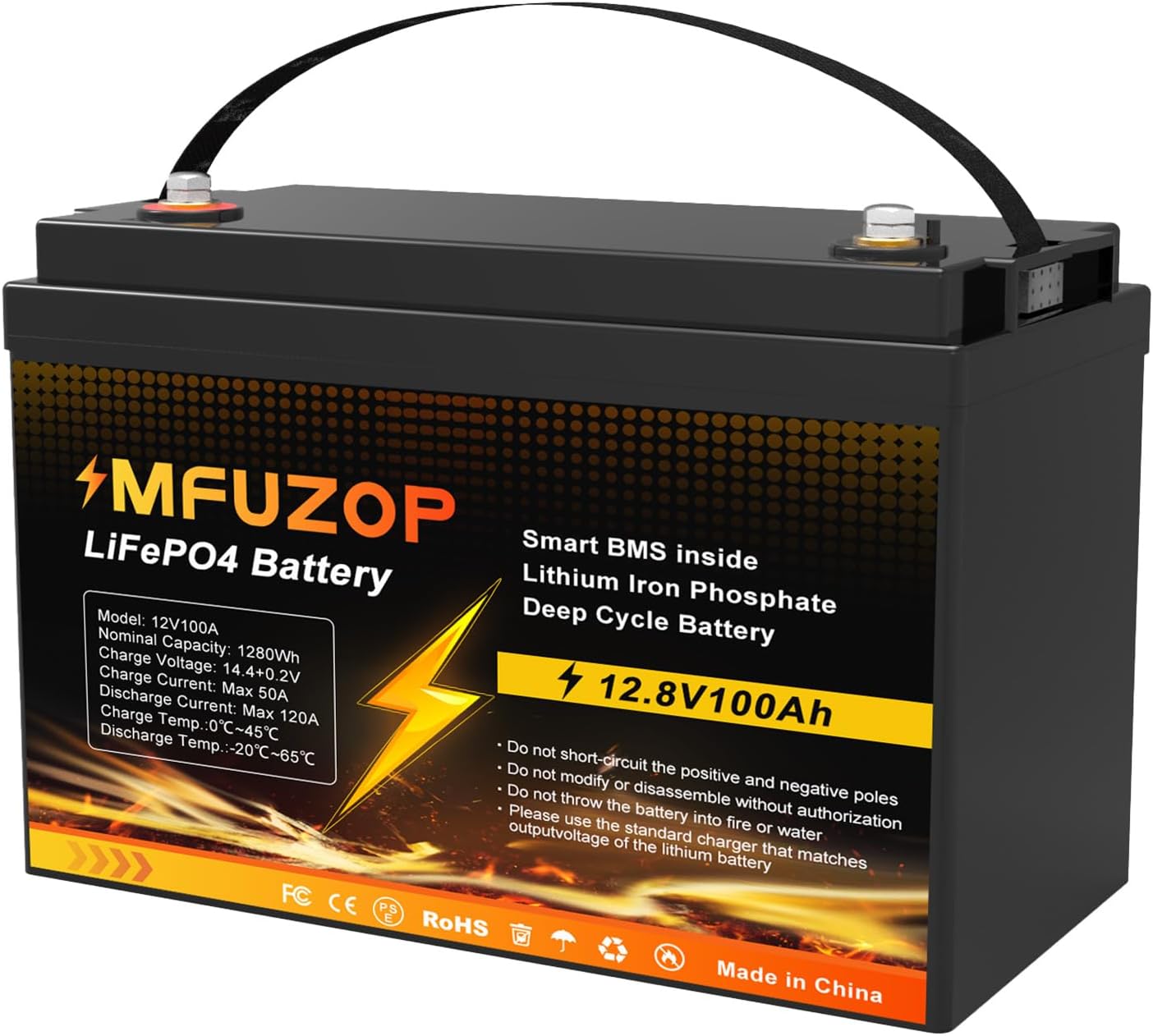 MFUZOP 12V 100Ah LiFePO4 Lithium Battery with 100A Smart BMS, Deep ...