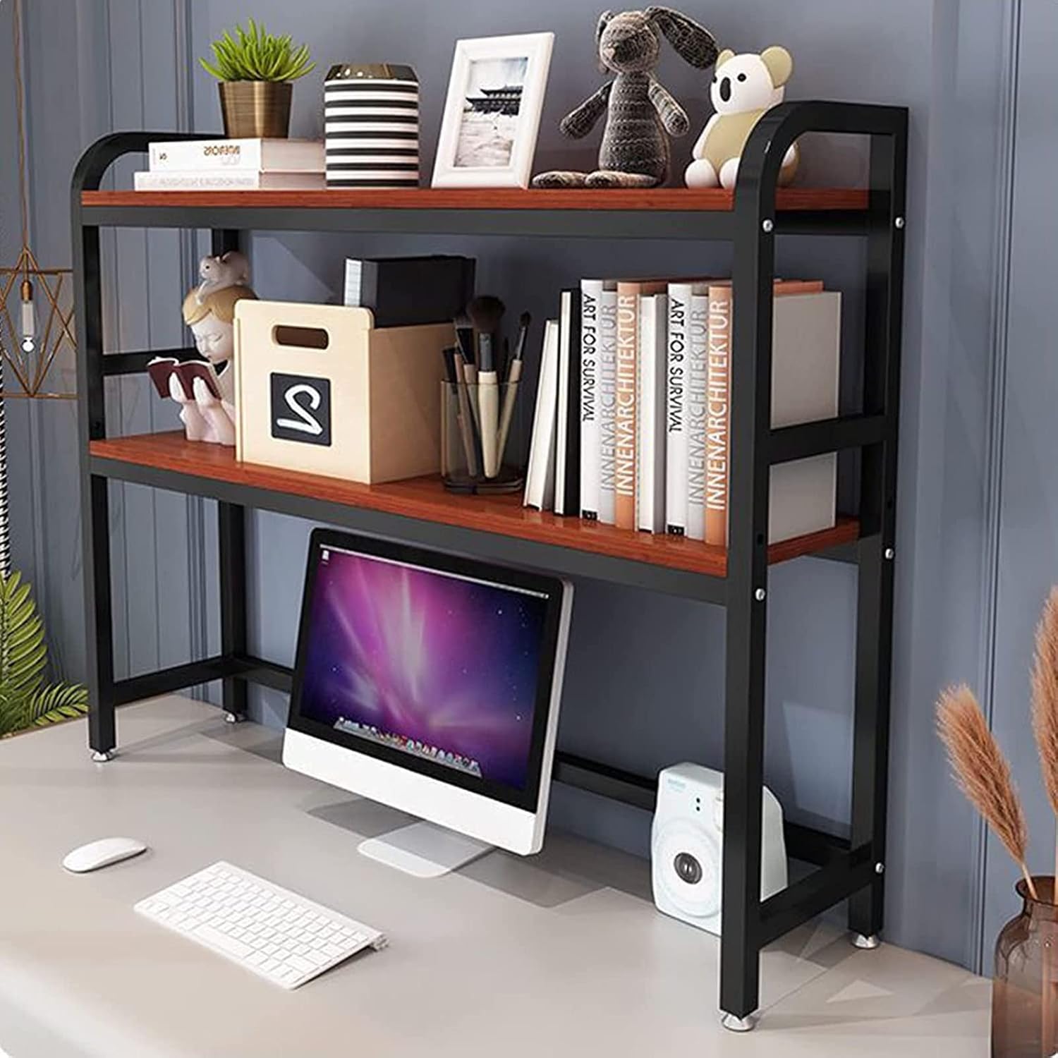 2 Tier Desktop Bookcase for Computer Desk - Adjustable Desk Bookshelf ...