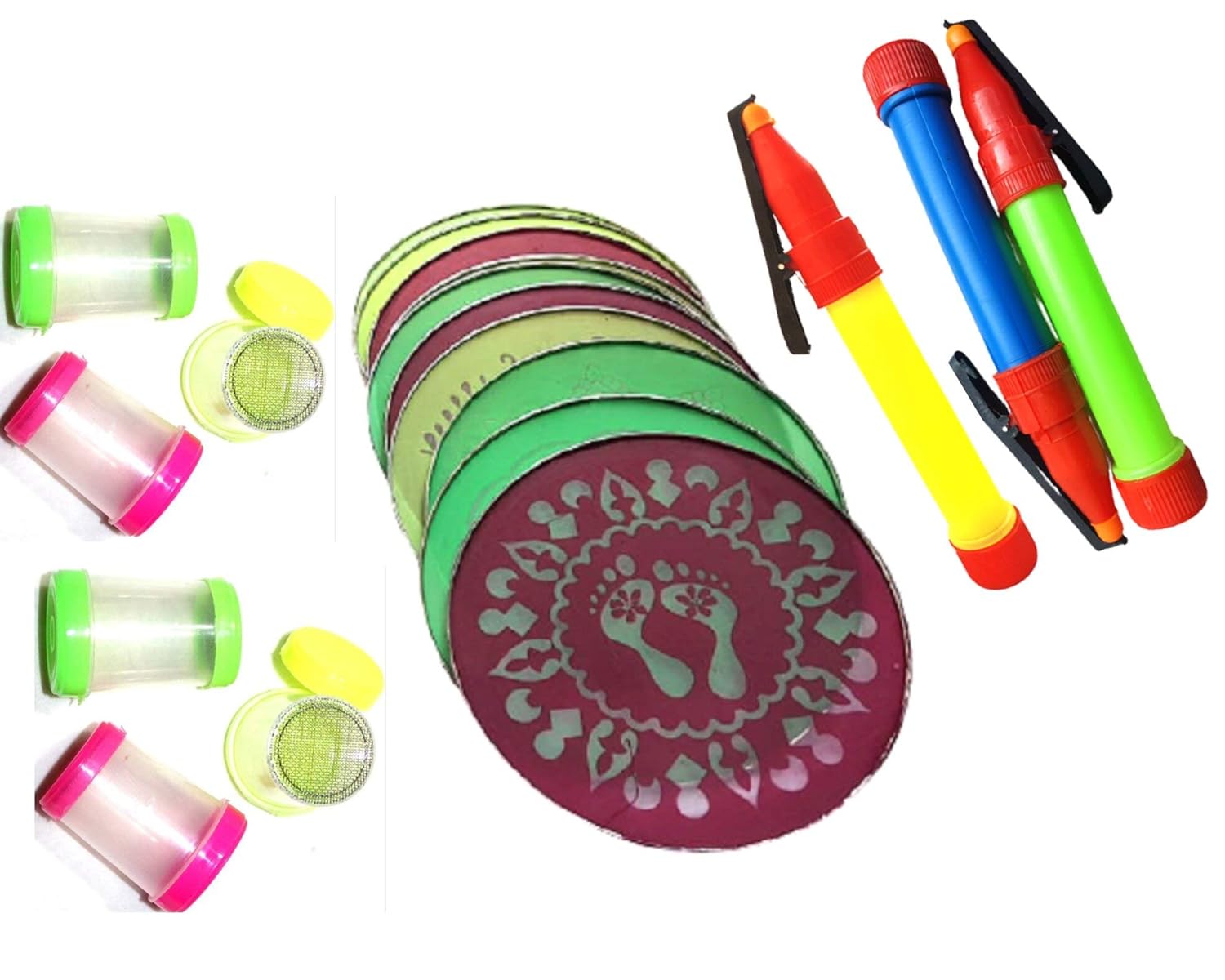 Buy Plastic Rangoli Tool kit included 6 Rangoli Filler Bottles, 10 ...