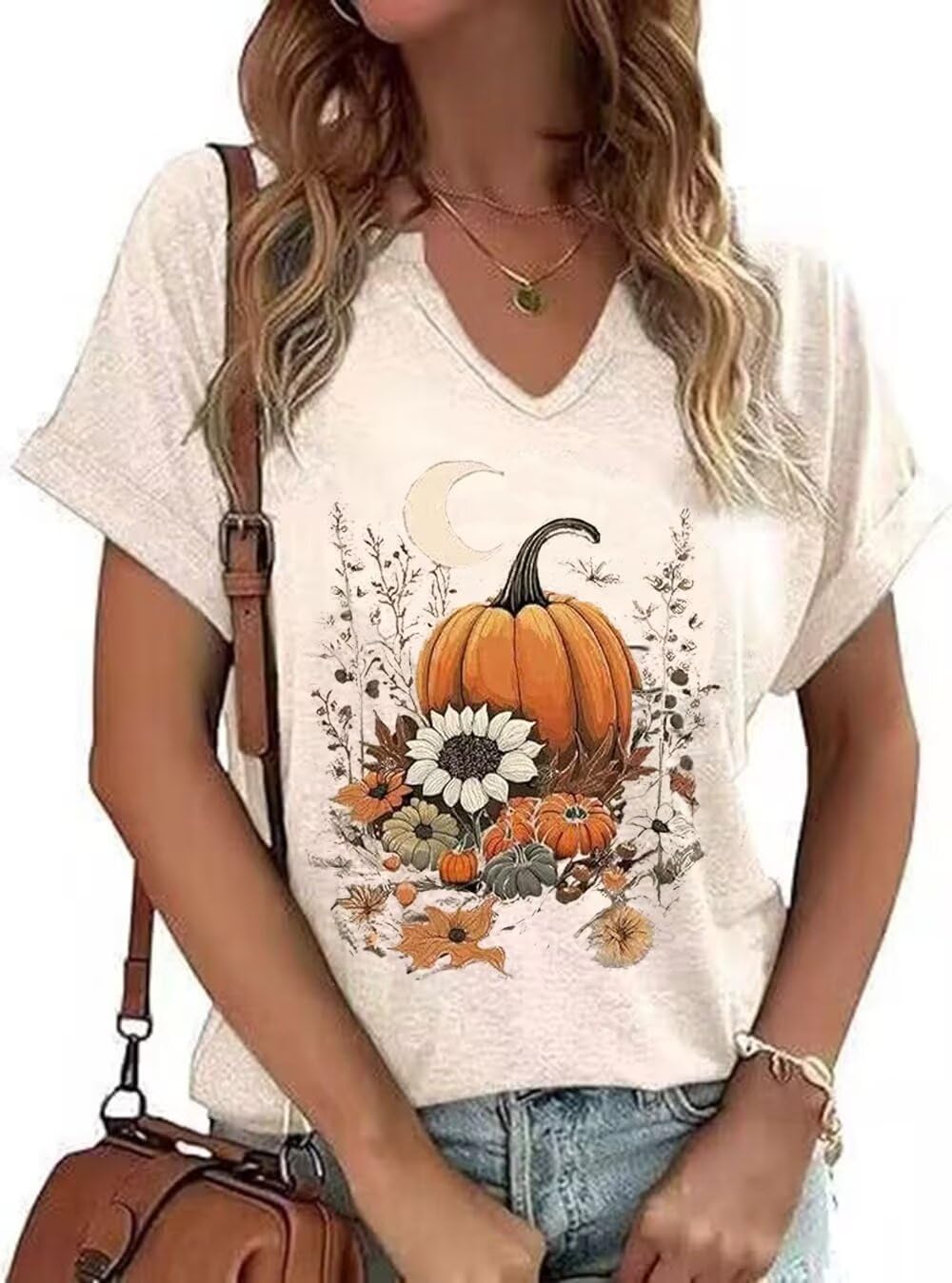 Amazon.com: Floral Pumpkin Printed T-Shirt Womens Sunflower V-Neck ...