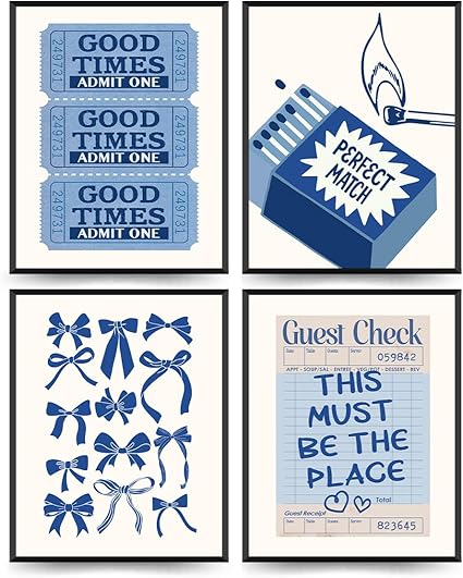 Amazon.com: ETVISO Blue Coquette Preppy Wall Art Prints Set of 4, Dorm ...