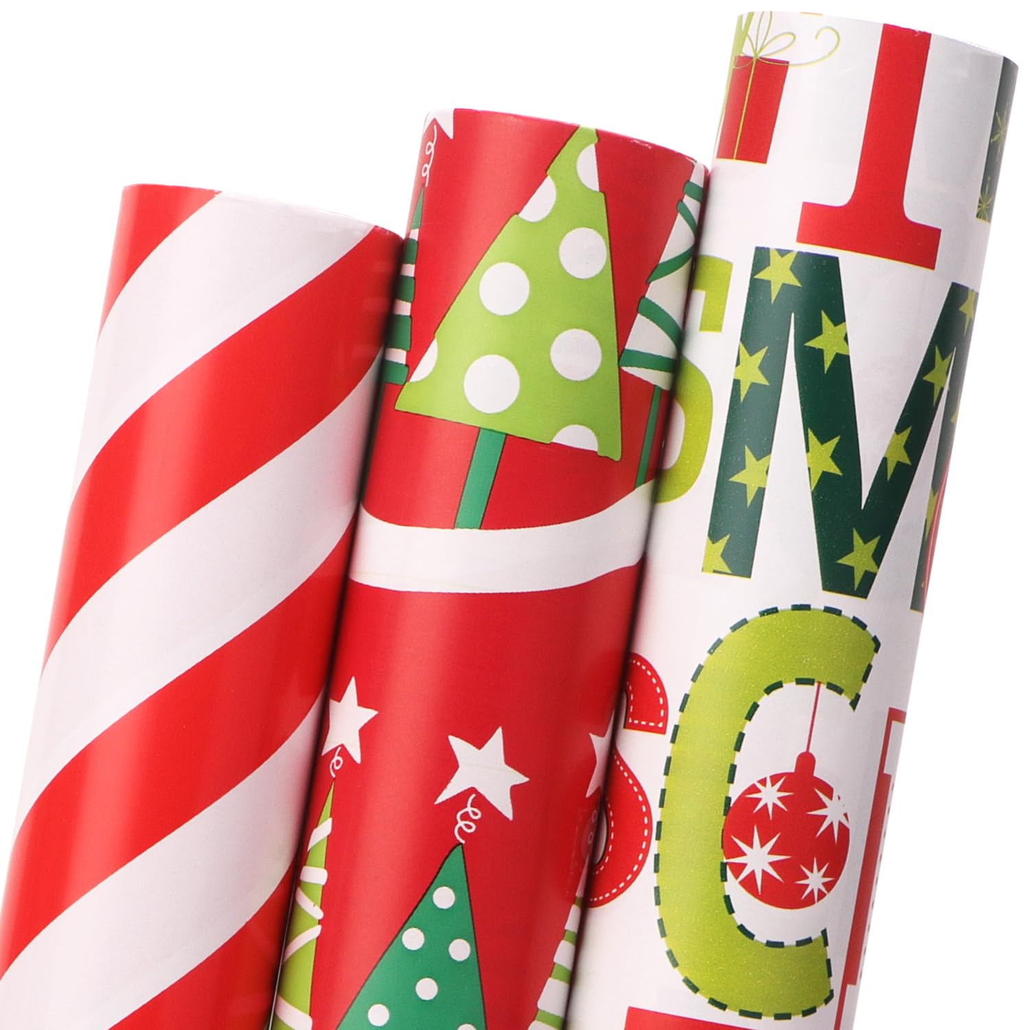 Amazon.com: Ribbli Christmas Wrapping Paper Red White Green 3 Rolls ...
