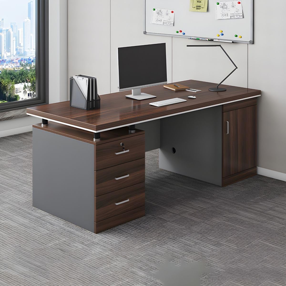 Amazon.com: KWOKING Brown Wood Executive Desk with Cabinet and Locking ...