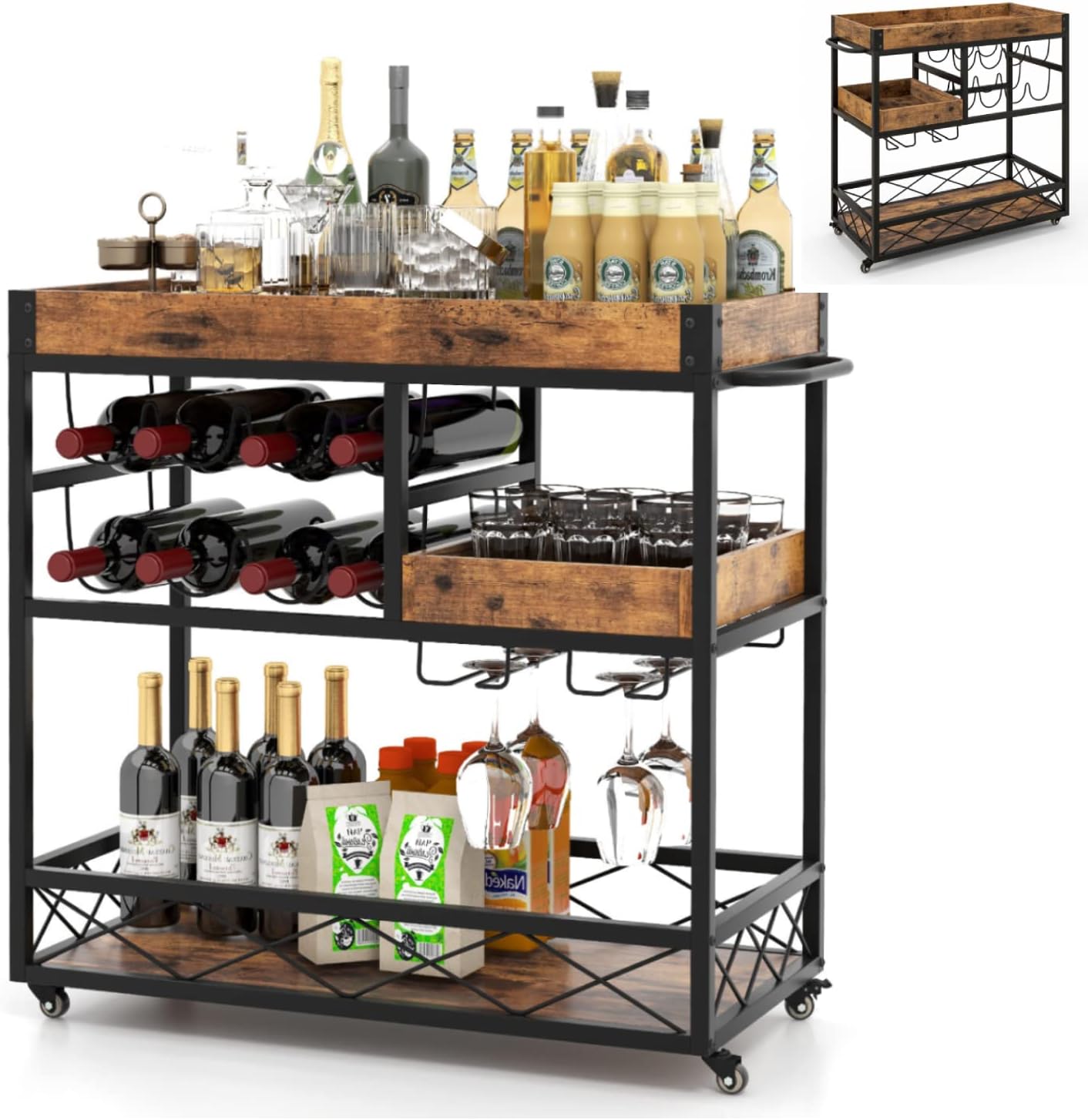 COSTWAY Serving Trolley on Wheels, 3-Tier Rolling Bar Cart with ...