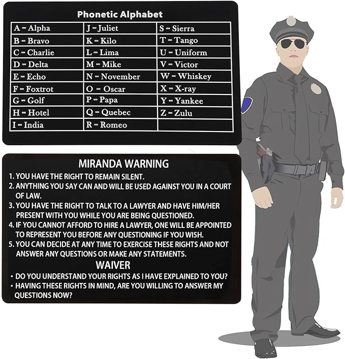 Velinpun 3 PCS Metal Miranda Warning Card/Phonetic Alphabet Military ...