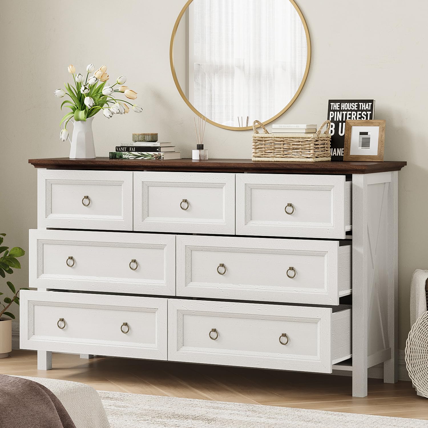 Amazon.com: 54" Farmhouse Dresser for Bedroom, Antique 7 Drawer Dresser ...