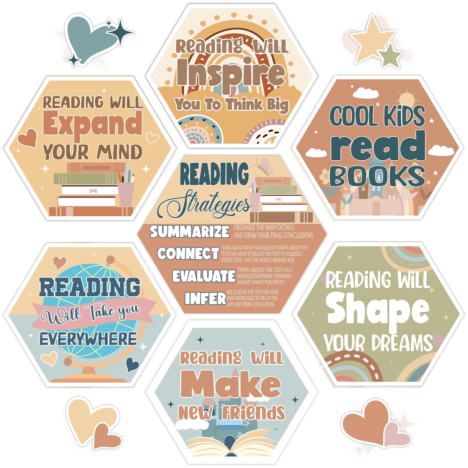 Reading Posters For Classroom 12-Piece Boho Rainbow Reading ...