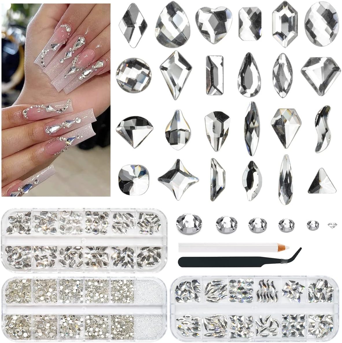 Amazon.com: 4 Boxes Crystal Clear Nail Rhinestones Glitters Kit, 24 ...