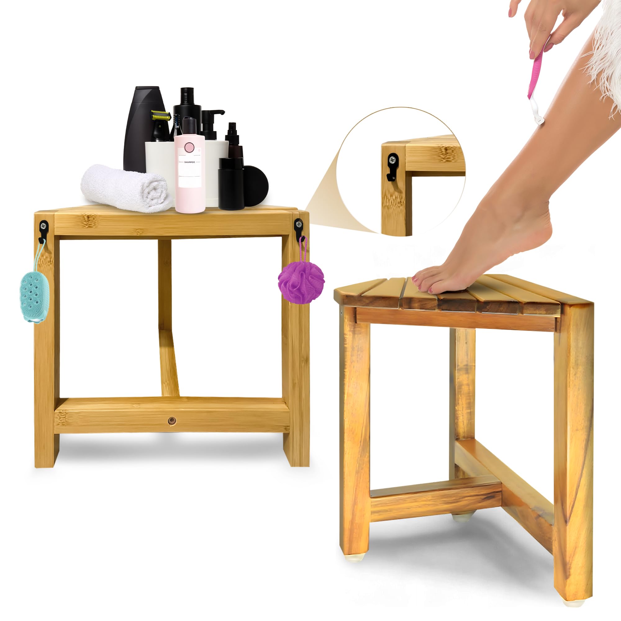 Amazon.com: Corner Shower Stool with Hanger Hooks - Shower Stool for ...