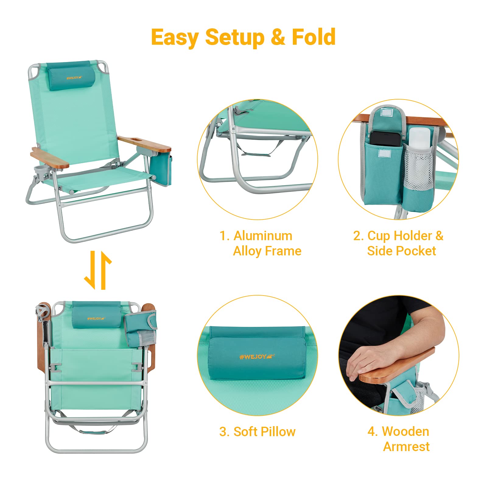 #WEJOY Portable Folding Beach Chair Lightweight Aluminum 4-Position ...