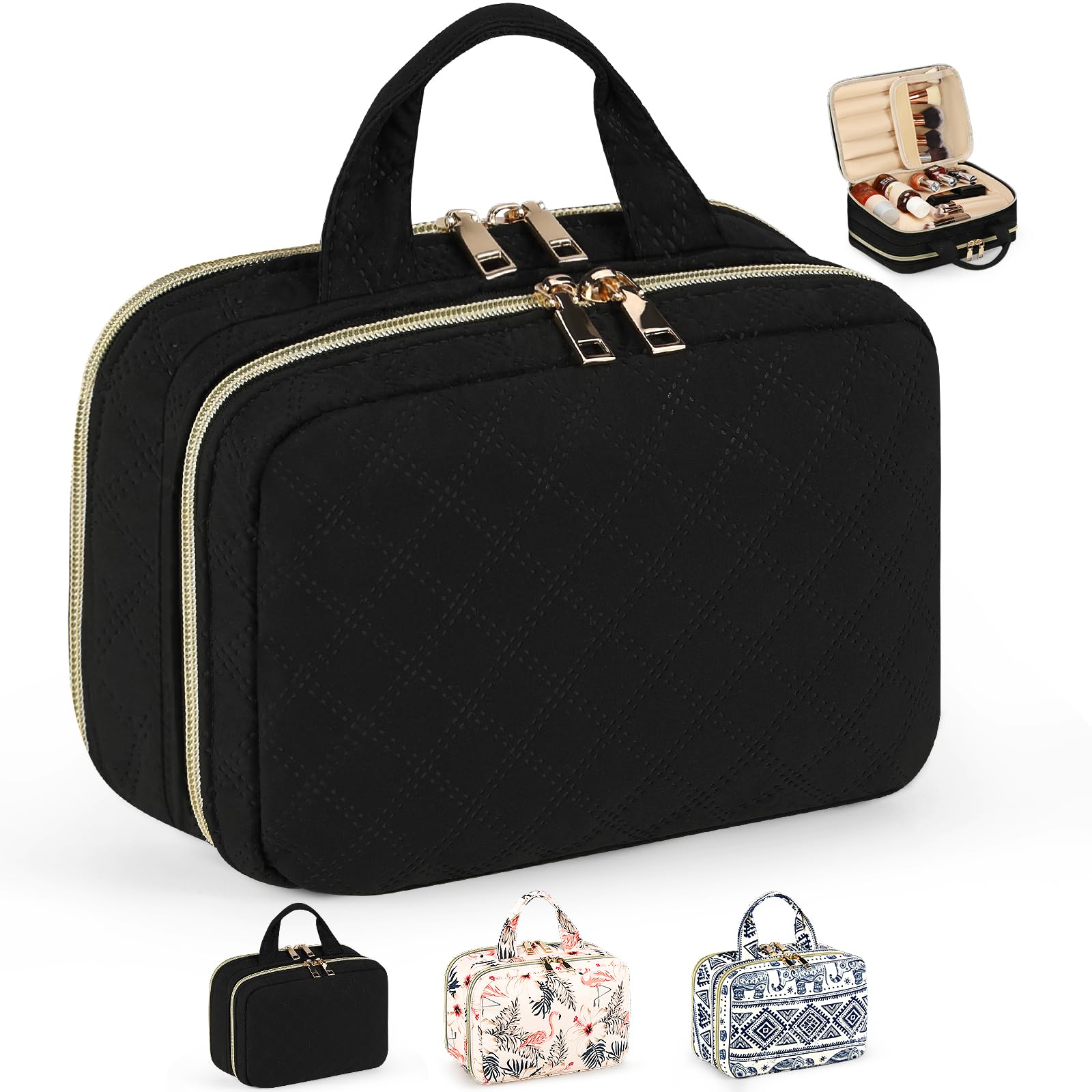 Makeup Bag Women Large Travel Double Layer Cosmetic Bag with Brush ...