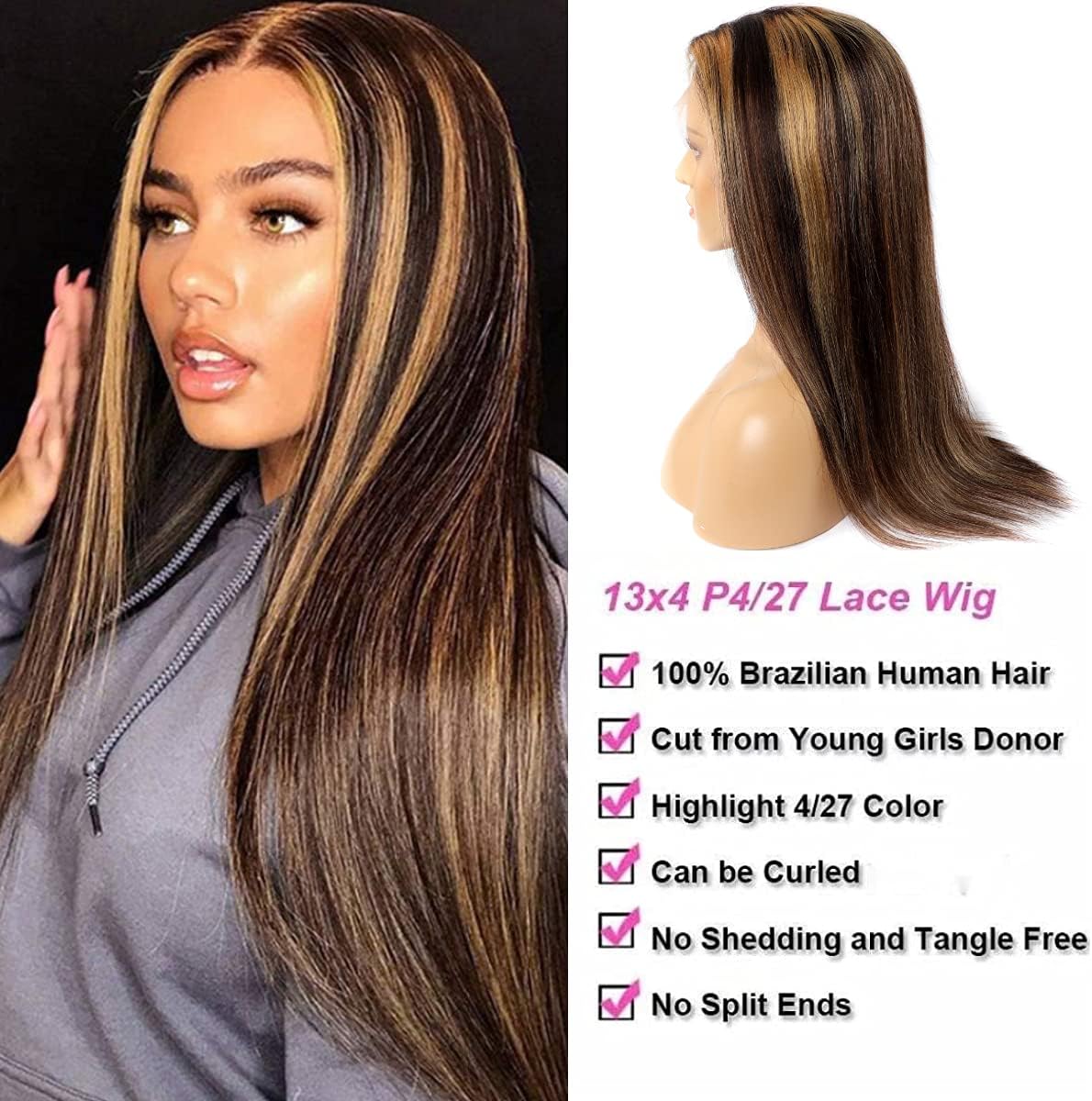 28 inches Highlight 4/27 Straight 13×4 Lace Front Wigs Human Hair Msgem ...