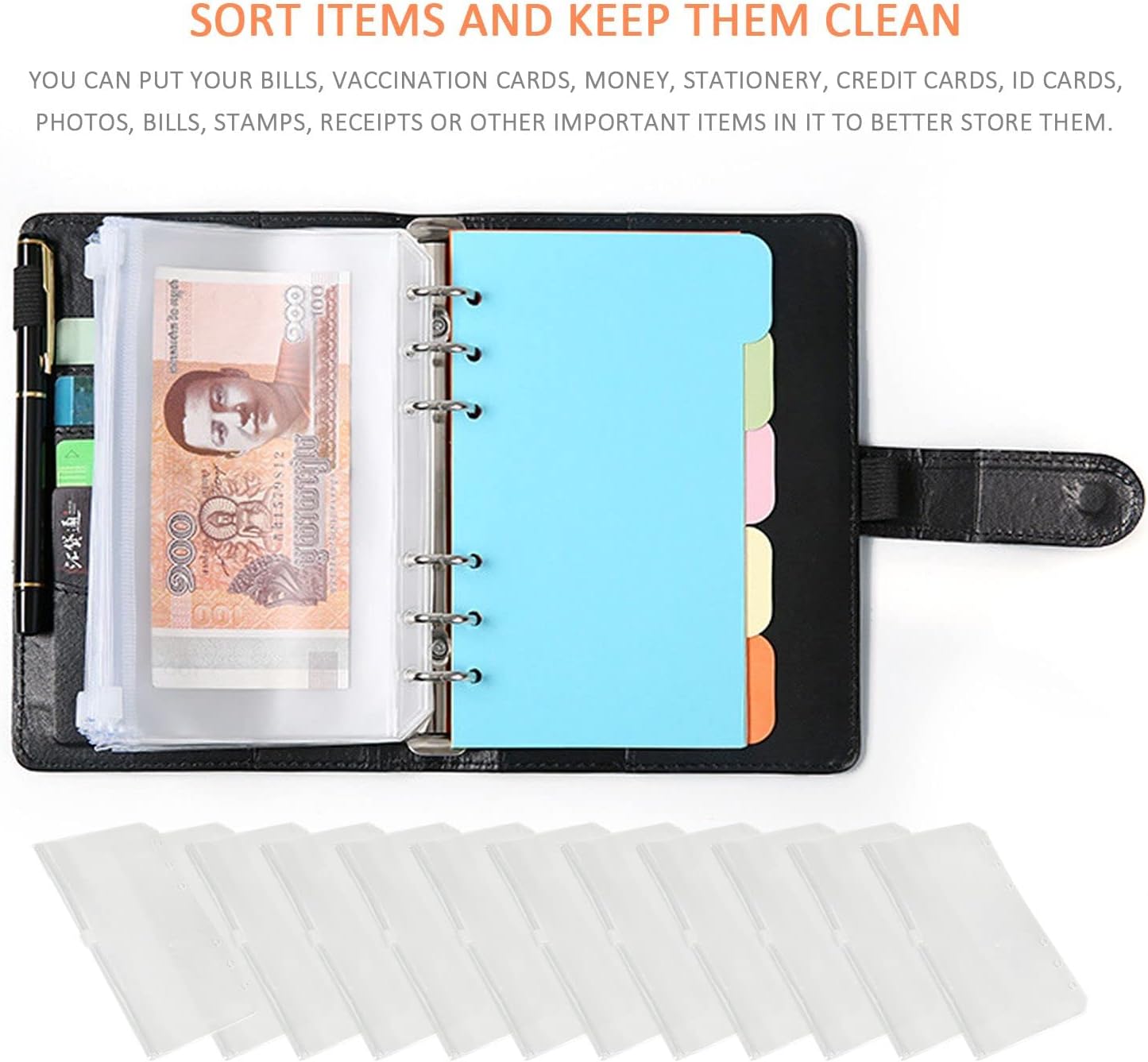 12 Pieces A6 Zipper Binder Bag, 6 Holes Waterproof Matte Binder Cash ...