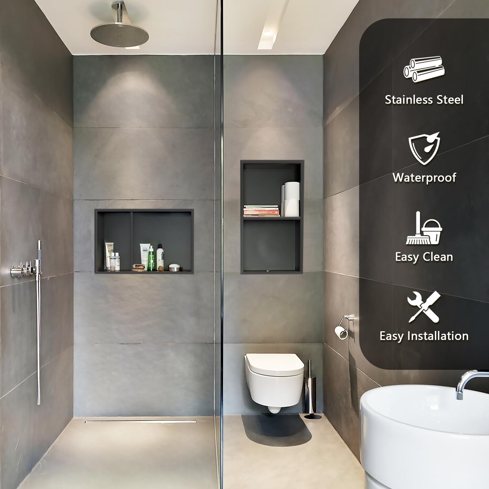 Snapklik.com : 24" X 12" Shower Niche, Black Wall Shower Cubby No Tile ...