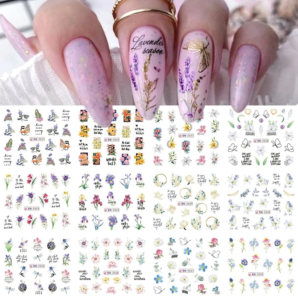 Amazon.com: 12PCS Lavender Blossom Nail Water Stickers Decals Mixed ...