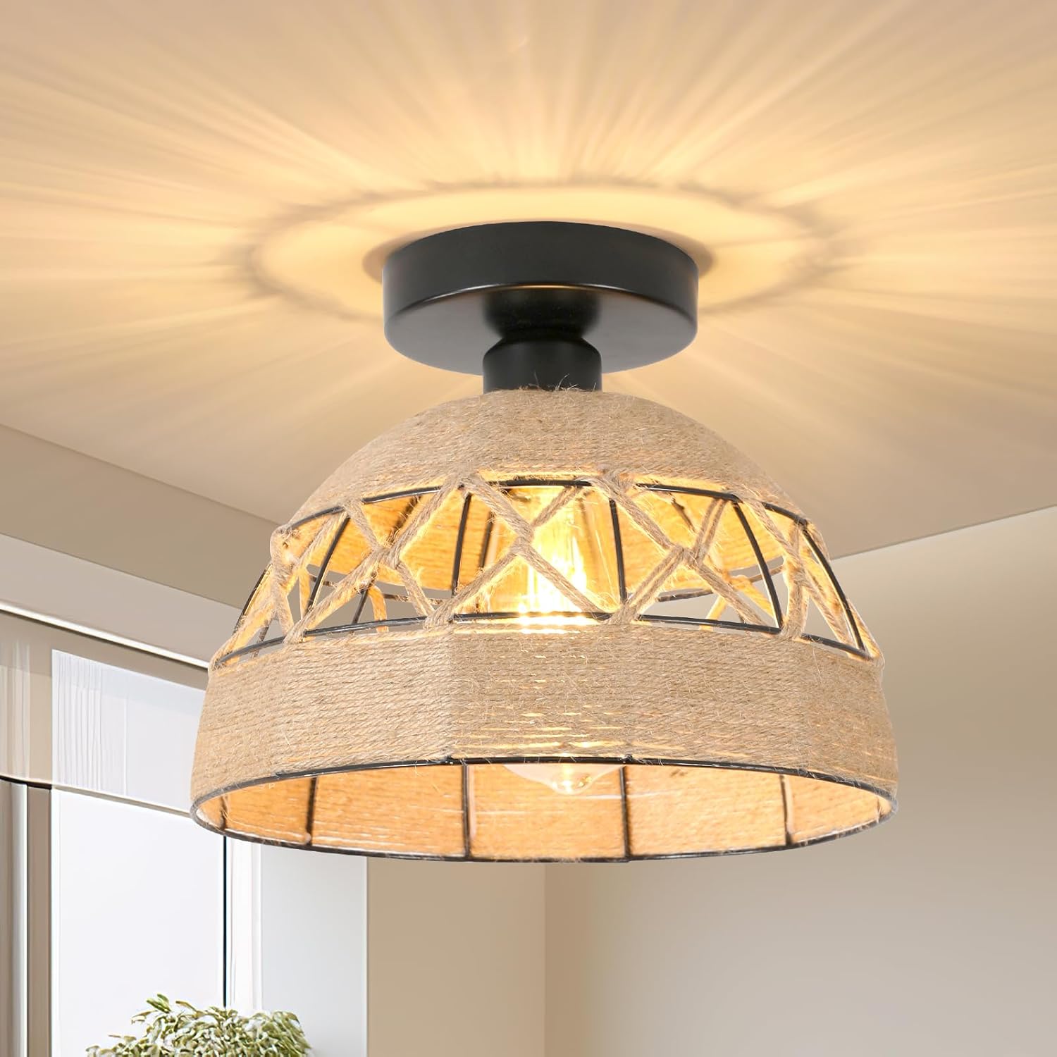 DELIPOP Ceiling Light Fixture, Woven Rustic Hemp Rope Semi Flush Mount ...