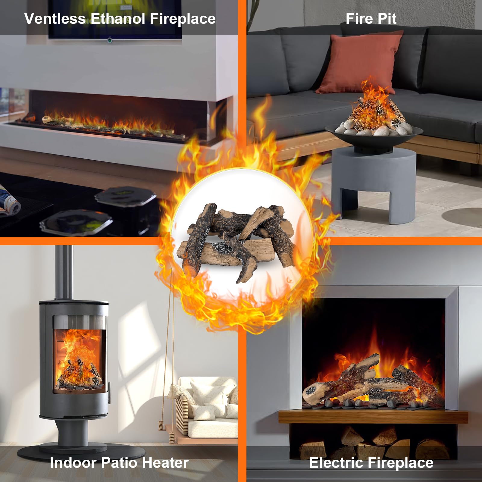 (6 Pcs) Faux Gas Fireplace Logs Set, 22" Large Ceramic White Birch Fake ...