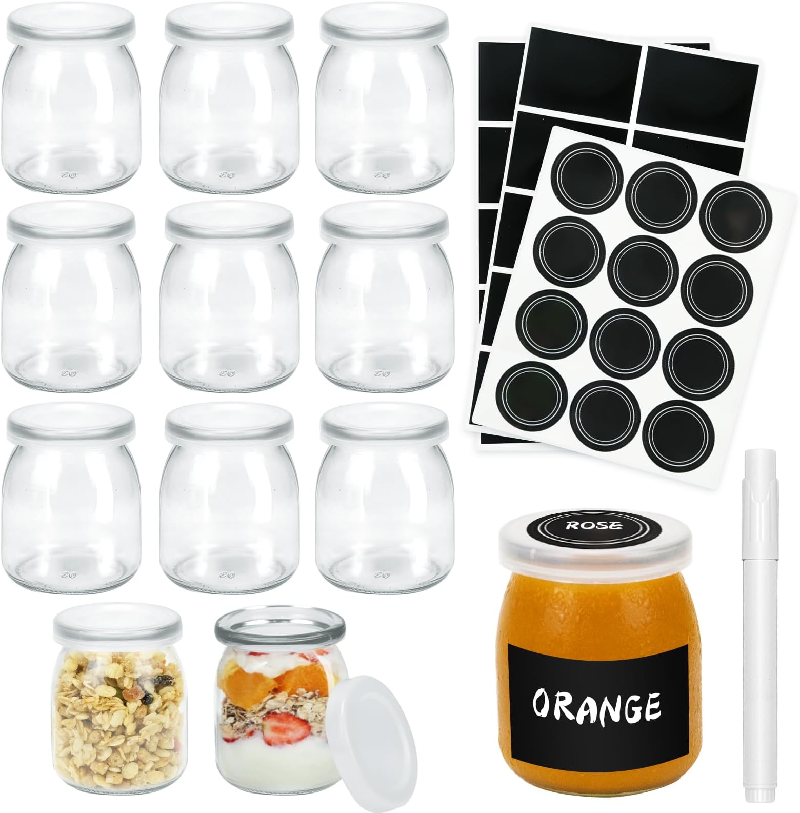 9Pcs 7oz/200ml Yogurt Pudding Glass Jars with Plastic Lids, Small Glass Jars with Lids, Reusable ...