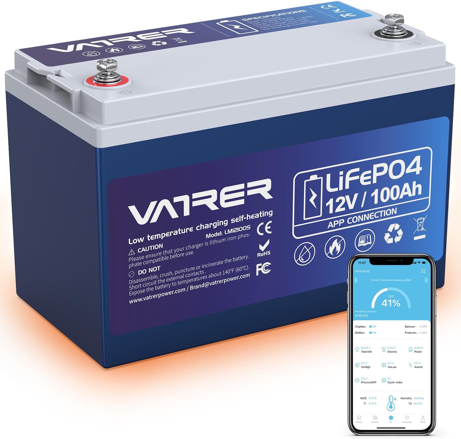 Amazon.com: WEIZE 12V 100Ah LiFePO4 Lithium Battery with Self-Heating ...