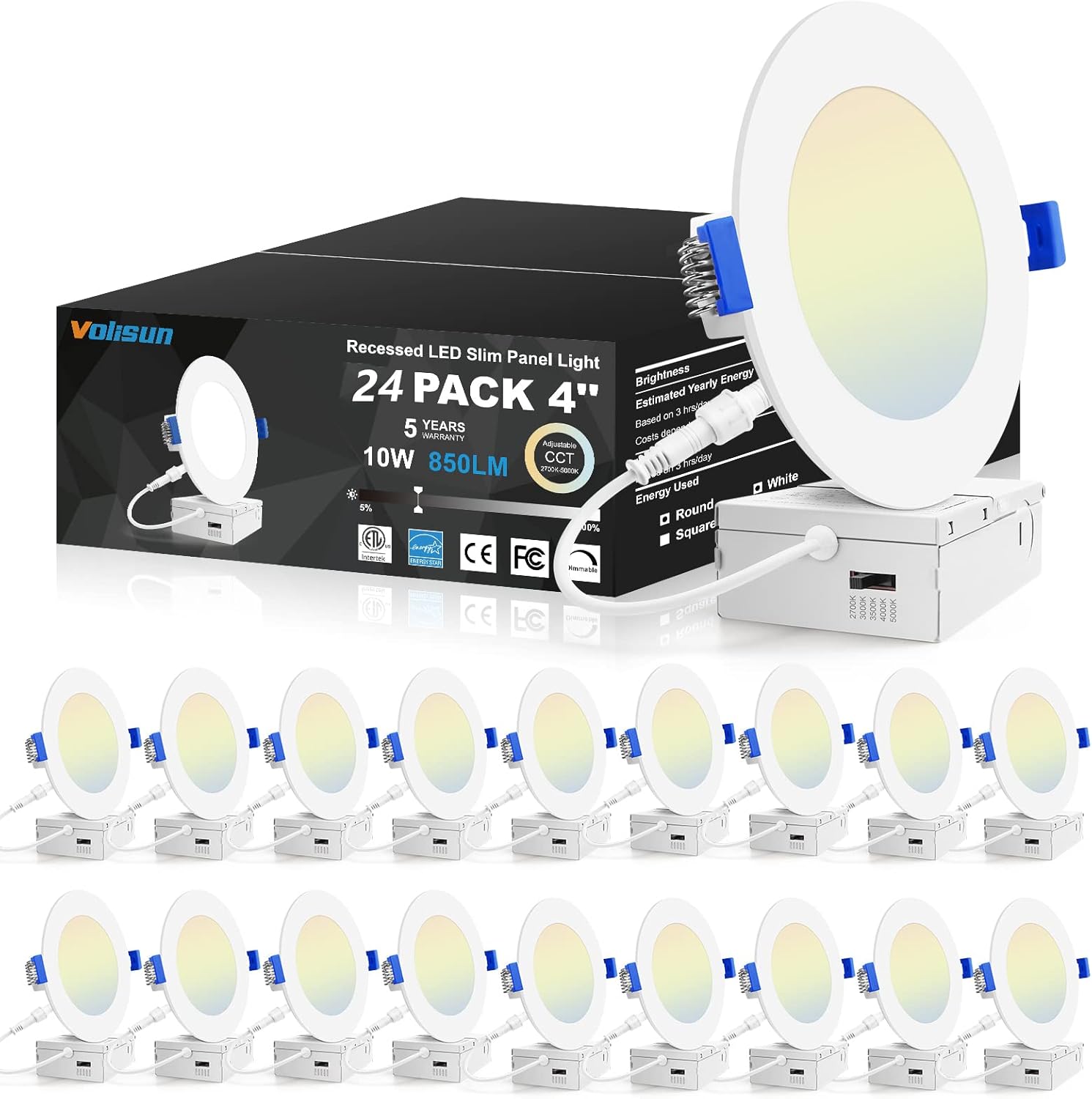 VOLISUN 24 Pack 4 Inch 5CCT Ultra-Thin LED Recessed Ceiling Light with ...