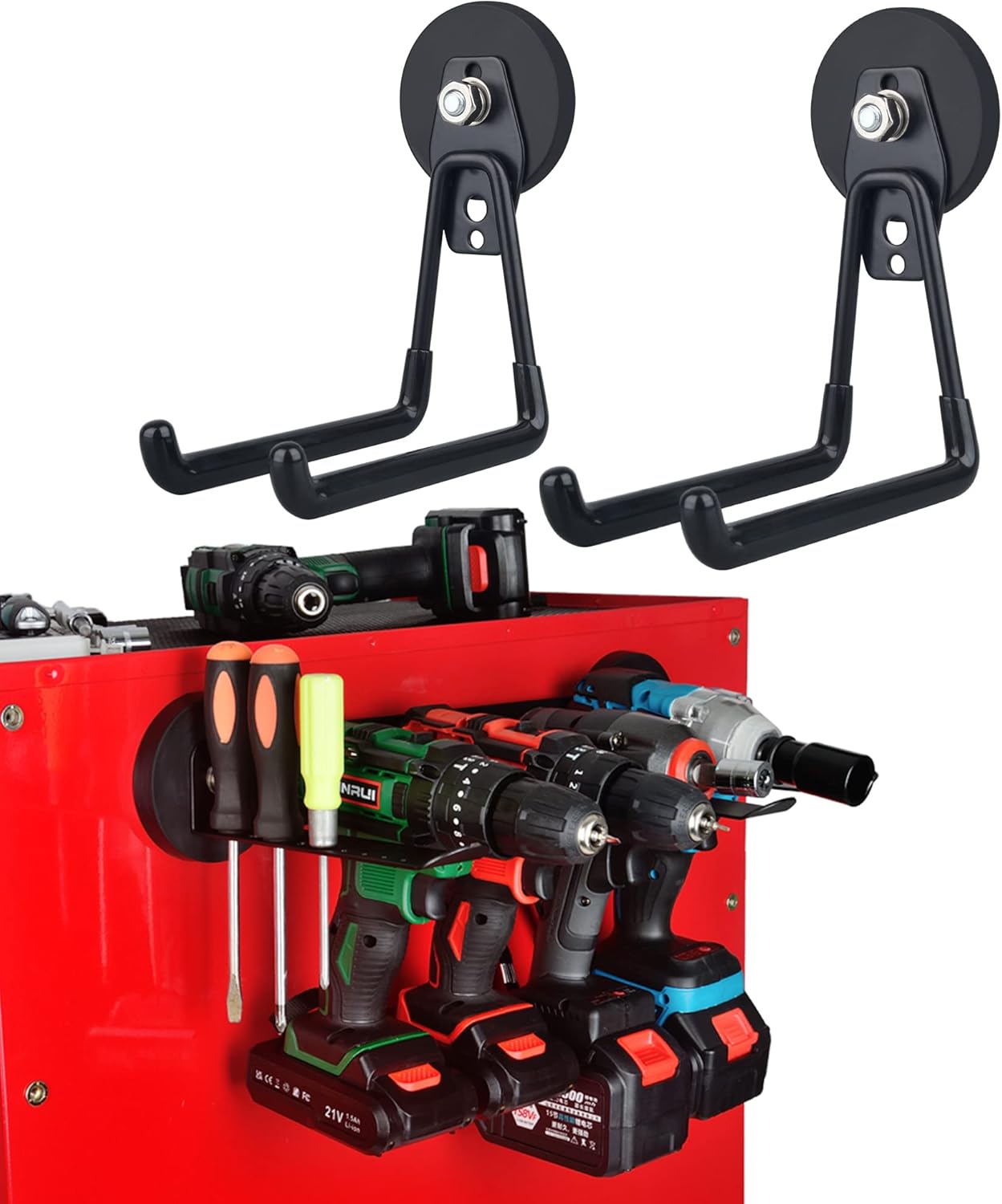 ULIBERMAGNET 2 Pack Large Garage Magnet Hooks and Magnetic Power Tool Organizer, Heavy Duty ...