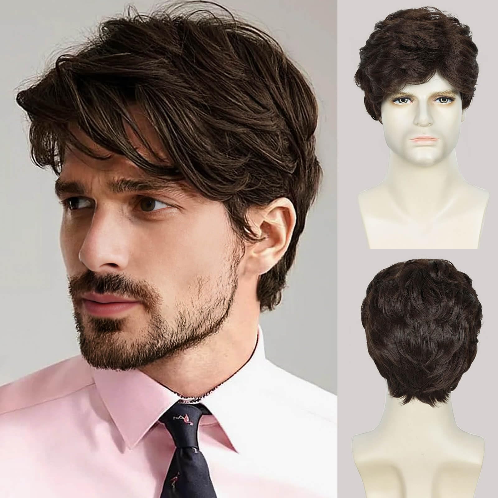 Creamily Brown Short Hair Wig for Mens Natural Hair,Layered Fluffy Hair ...
