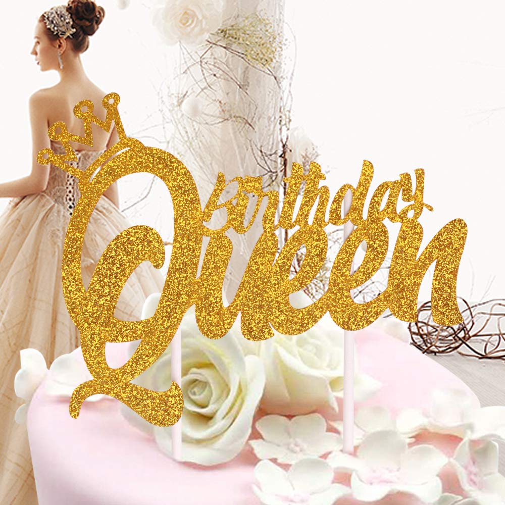 DELIGHTBOX Queen Birthday Cake Topper Gold Glitter Happy Birthday Cake ...