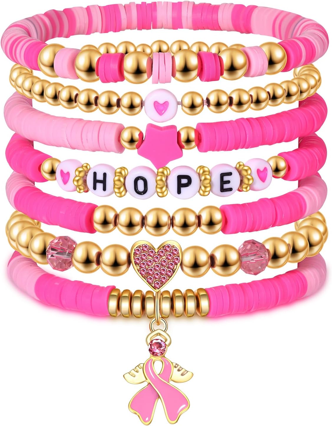Natural Stone Bead Ribbon Bracelet COLORFUL BLING Breast Cancer ...