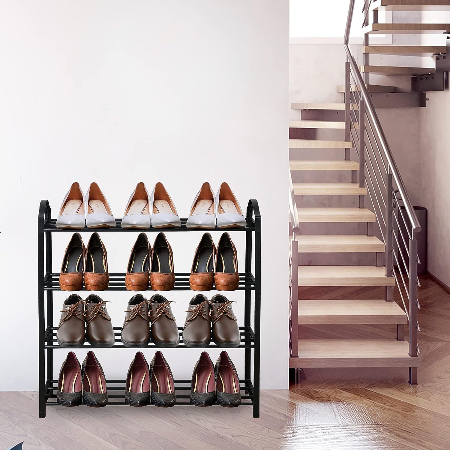 ZOES HOMEWARE 4 Tier Metal Shoe Rack Freestanding Shoe Organizer 12-16 ...