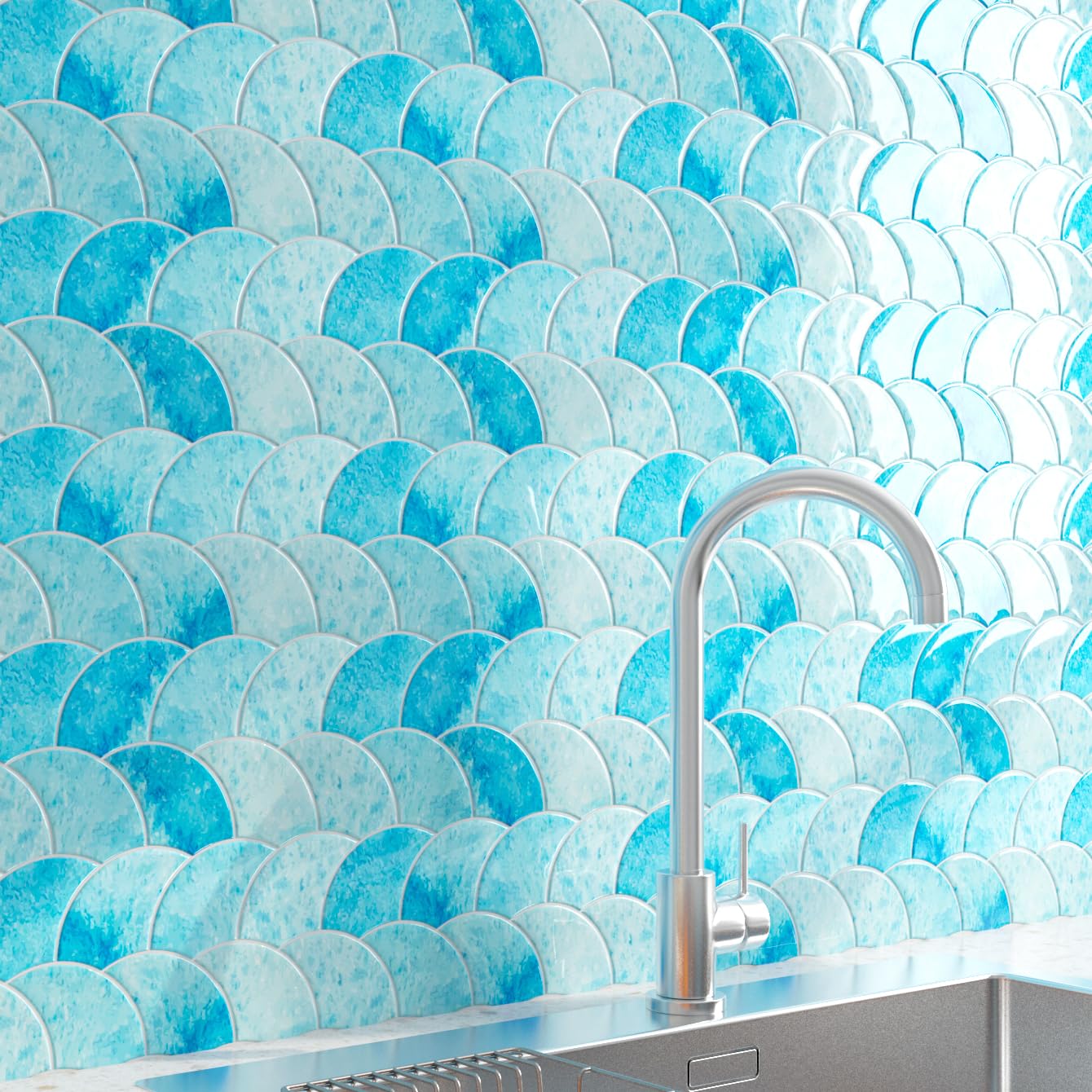 Amazon.com: LaCheery 12"x12" Scallop Peel and Stick Backsplash Blue Sea ...
