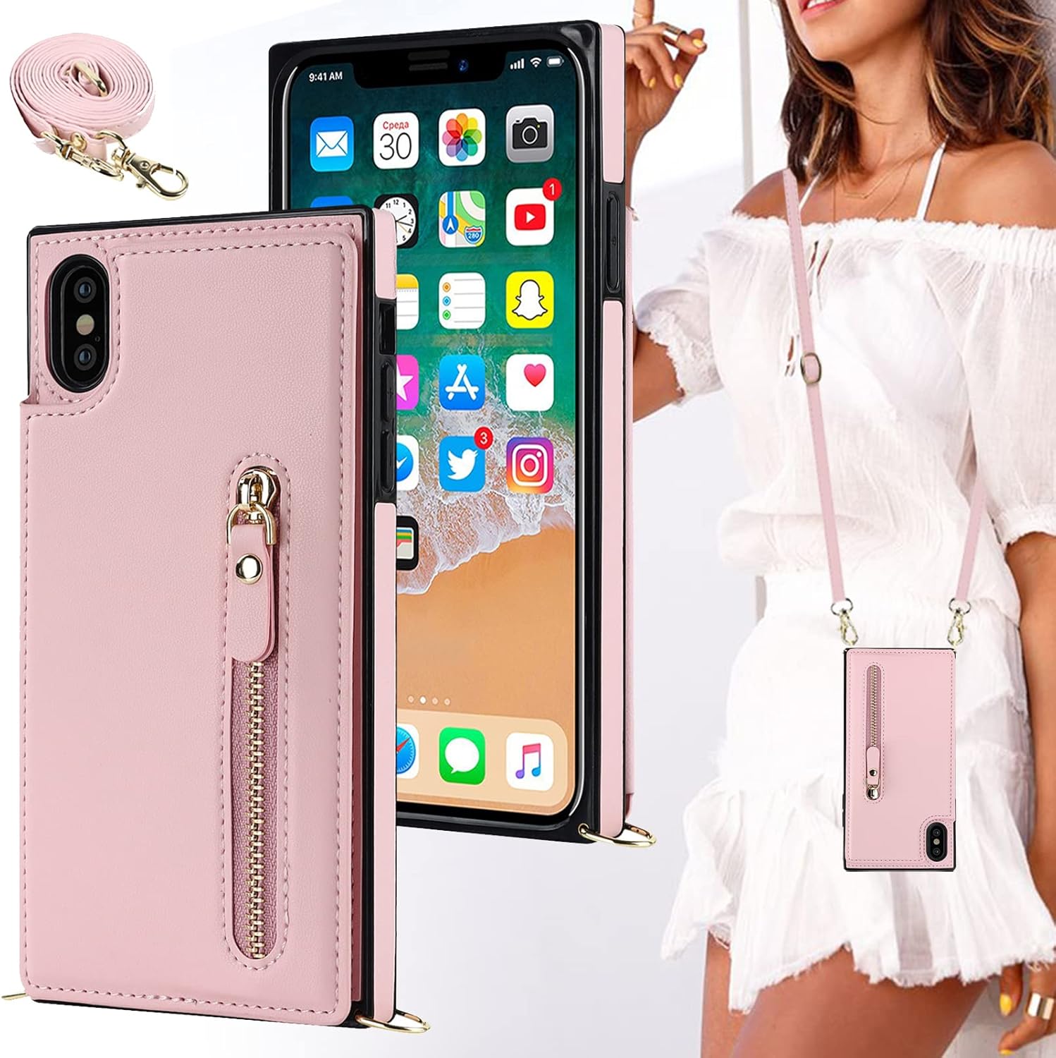 Amazon.co.jp: iPhone X ケース iPhone XS ケース 通用 ショルダー ストラップ 背面 フリップ 手帳型 ストラップケース 紐付き カード クロスボディ ...